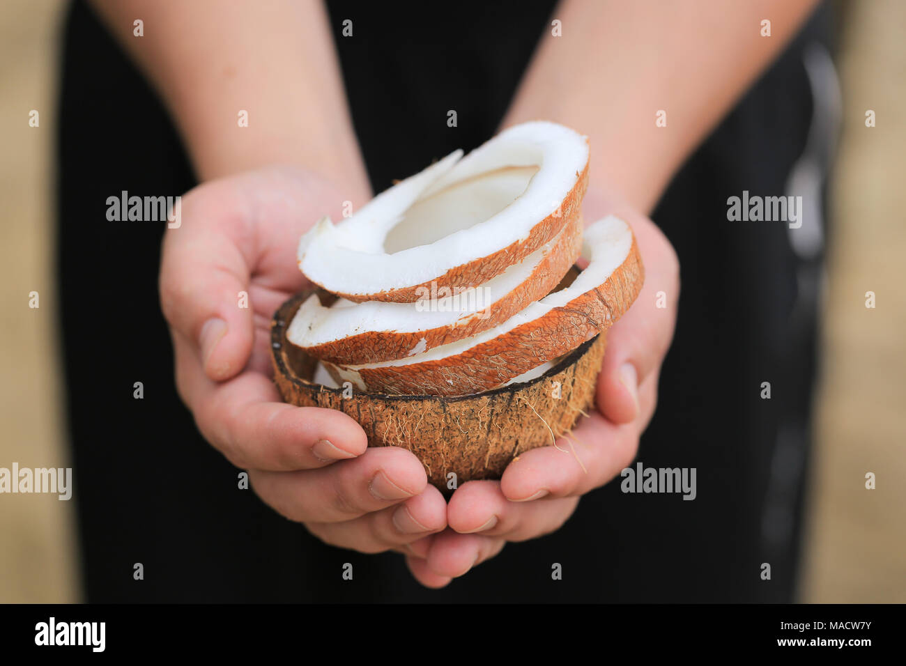 Coconut pulp in the hands Stock Photo - Alamy