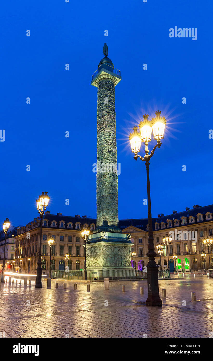 The Vendome column , the Place Vendome at night, Paris, France Stock ...