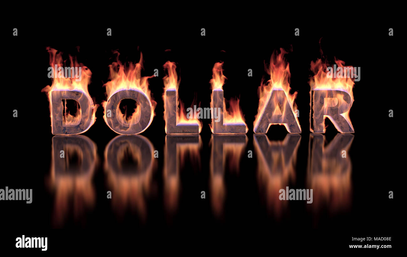 Dollar text burning in flames on the glossy surface, financial ...