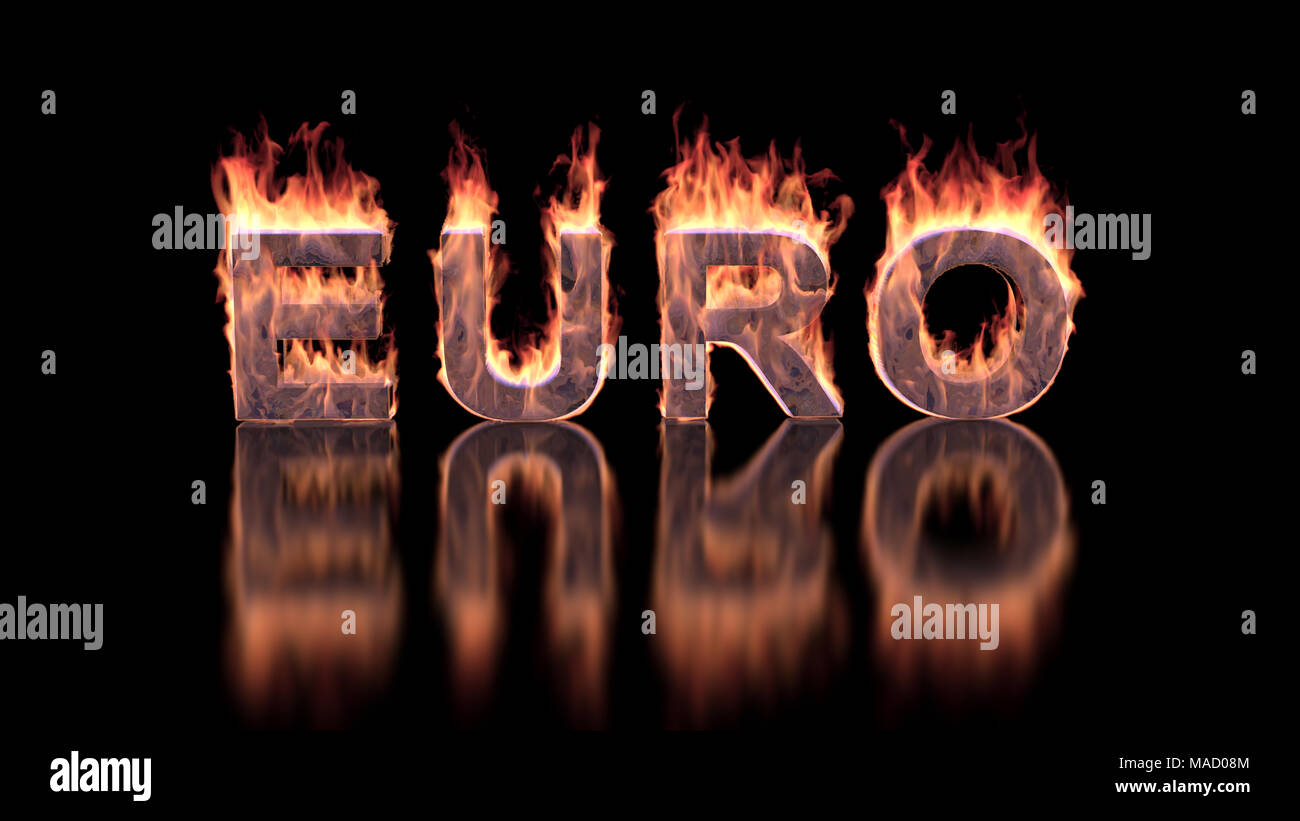 Euro text burning in flames on the glossy surface, financial ...