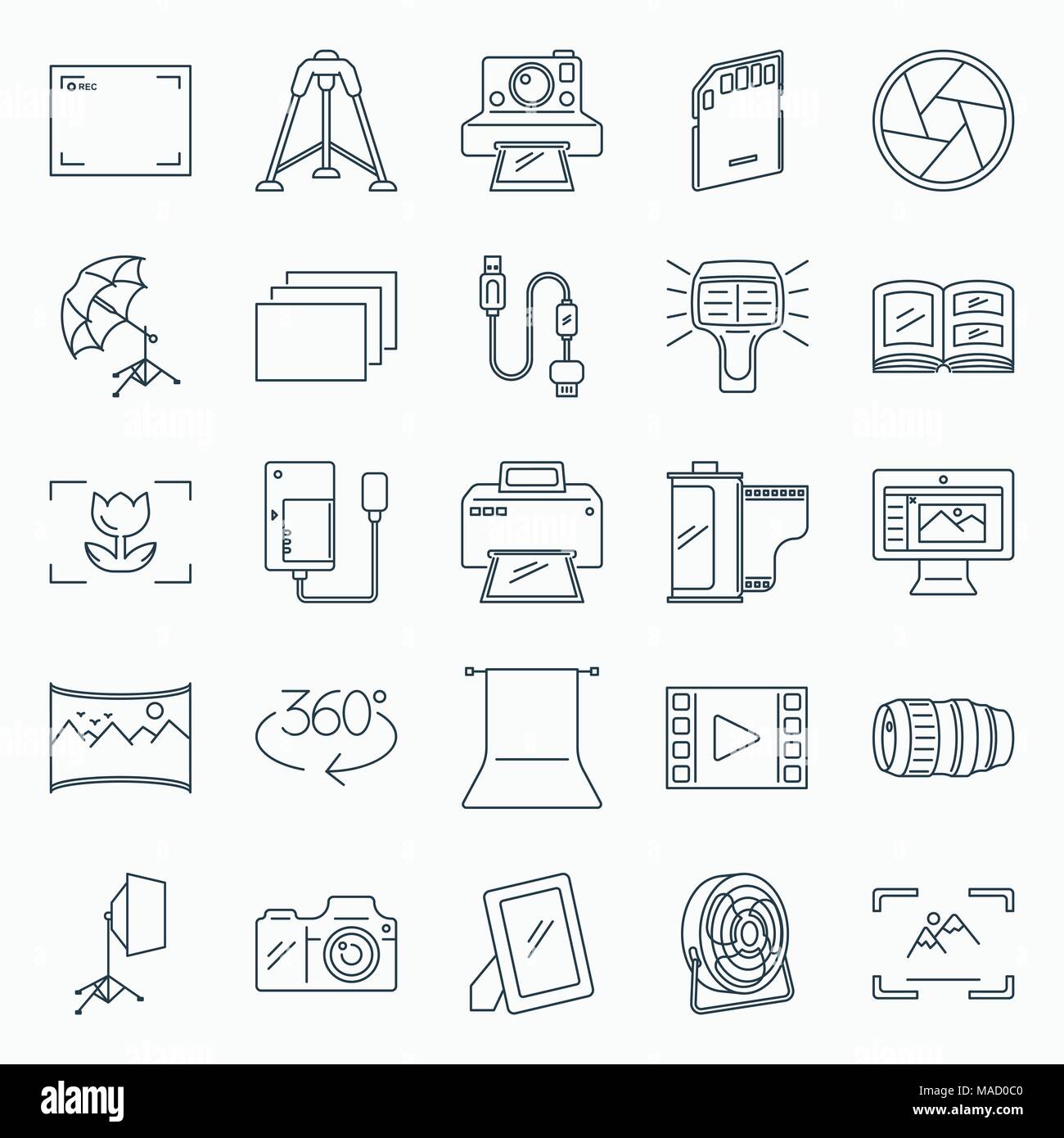 Photography icons set. Collection of photography equipment outline ...
