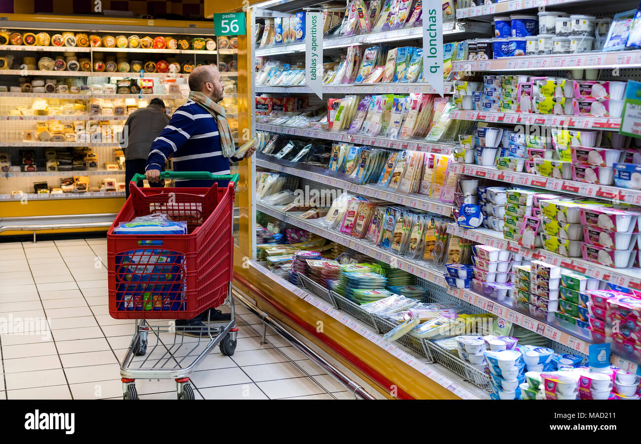 MADRID, SPAIN - 26 MARCH, 2018: Large food supermarket with customers ...