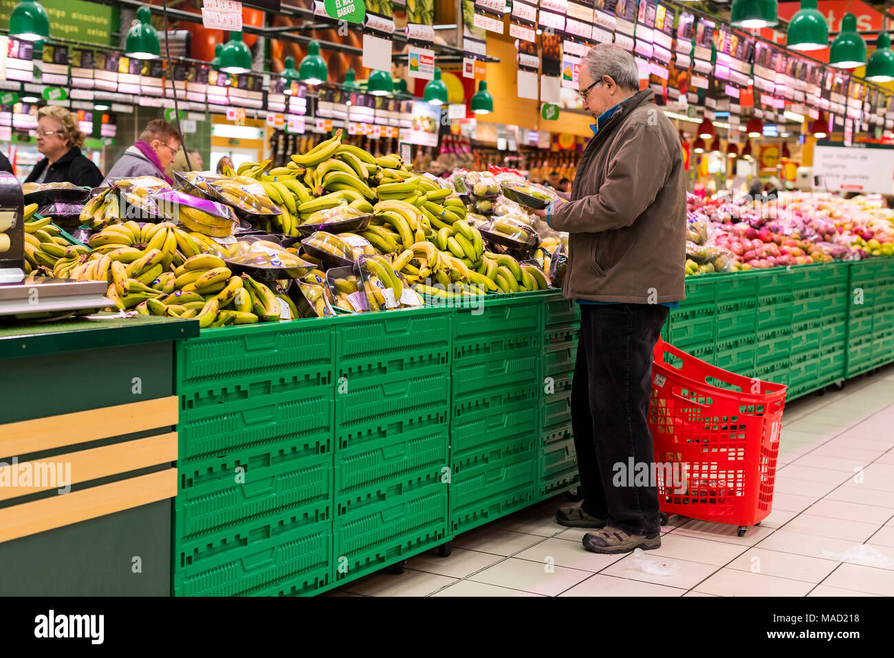 MADRID, SPAIN - 26 MARCH, 2018: Large food supermarket with customers ...