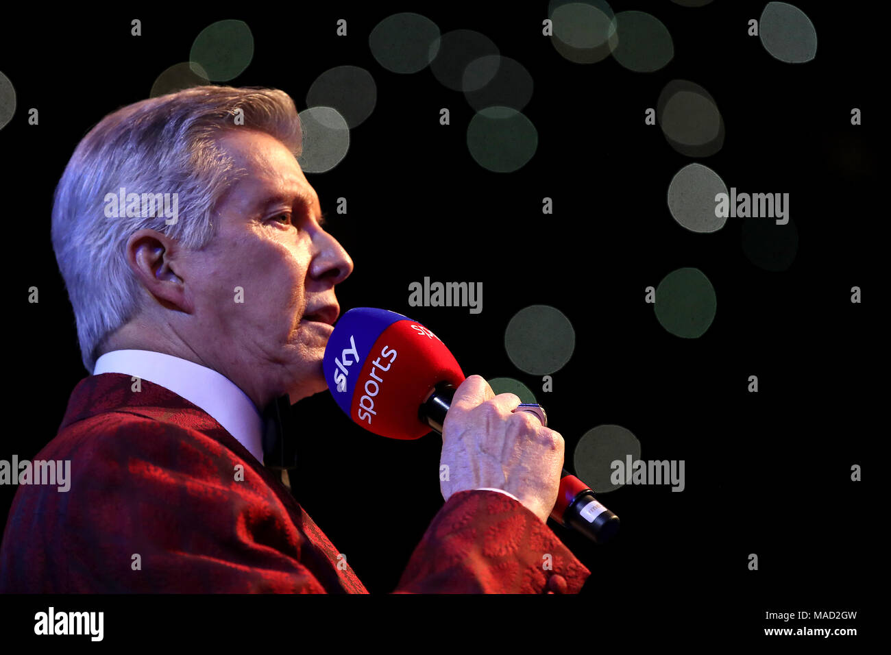 Ring announcer Michael Buffer before the WBA, IBF, WBO and IBO ...