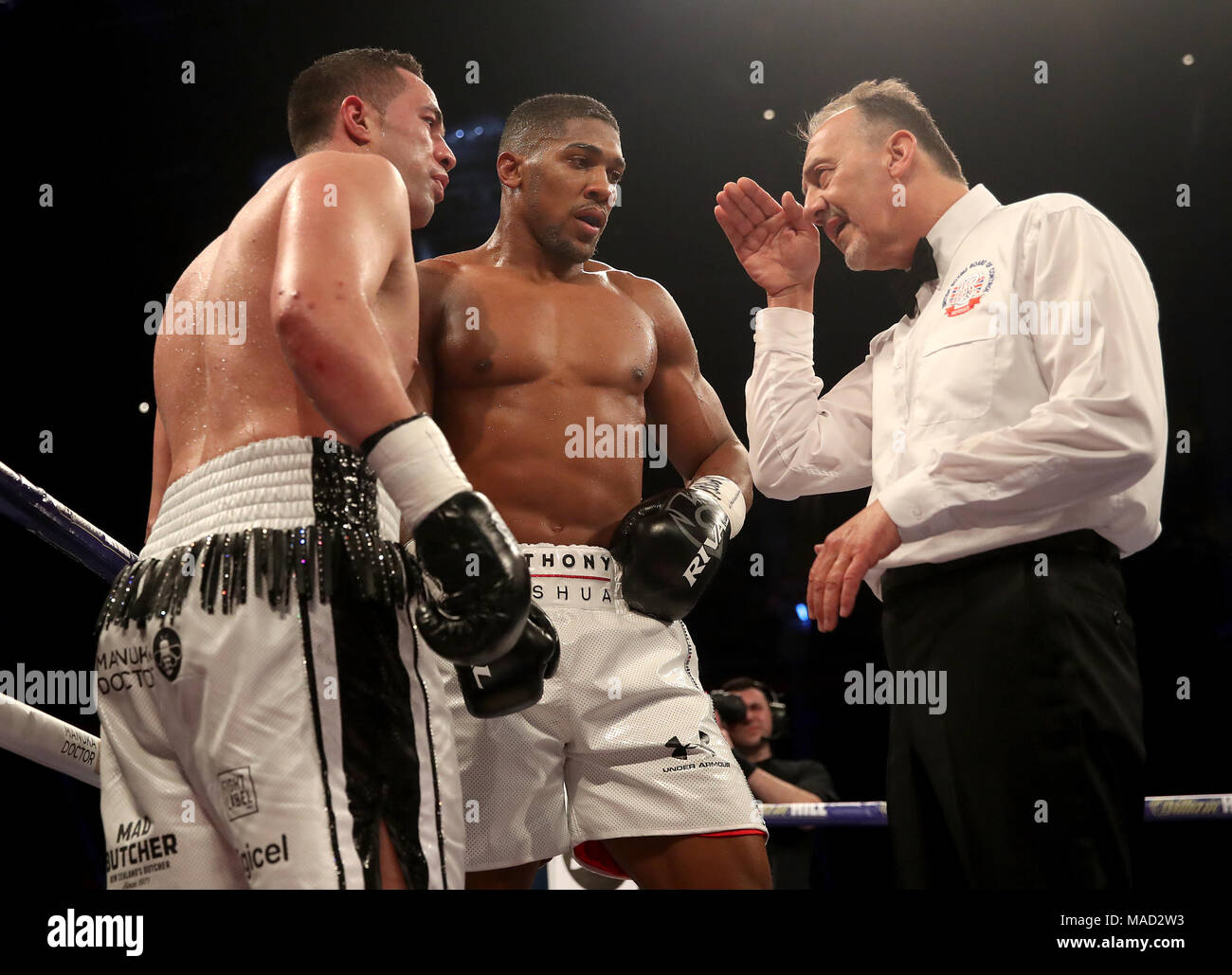 Referee Giuseppe Quartarone speaks with Joseph Parker (left) and ...