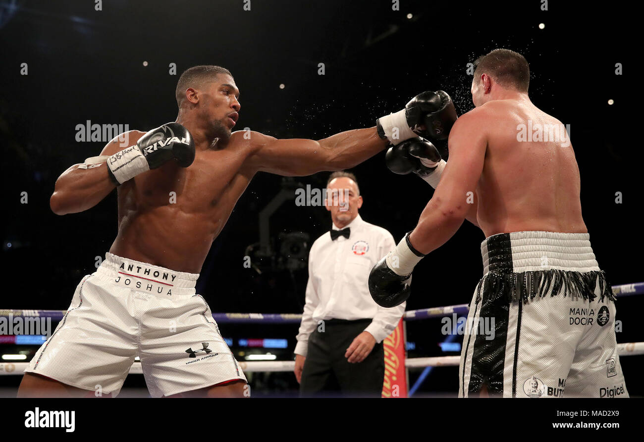 Anthony Joshua (left) in action against Joseph Parker in their WBA, IBF ...