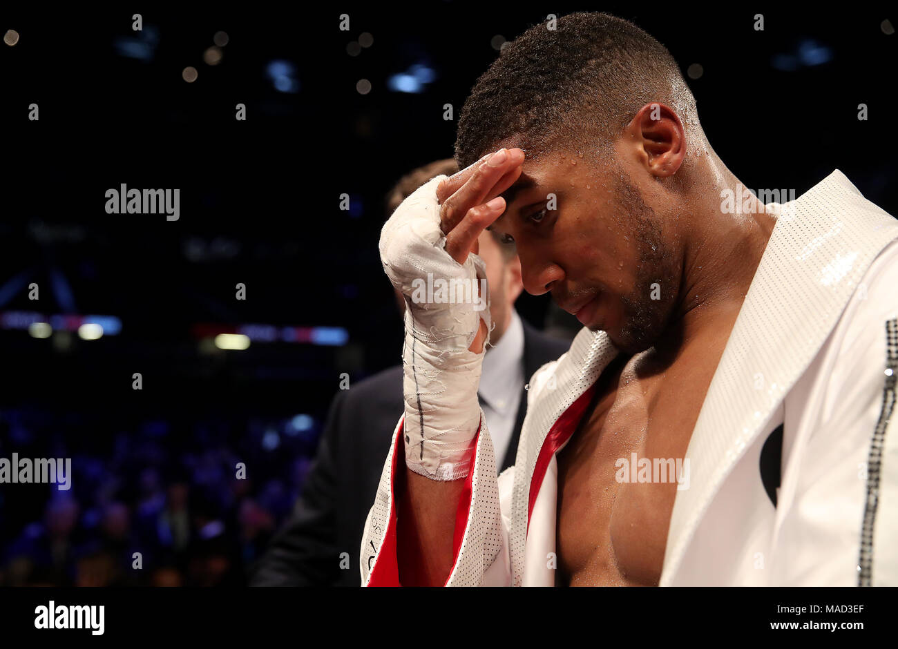 Anthony Joshua after victory over Joseph Parker in their WBA, IBF, WBO ...