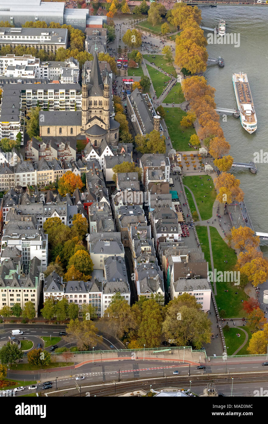 Aerial view, Old Town, Promenade on the banks of the Rhine, Am ...