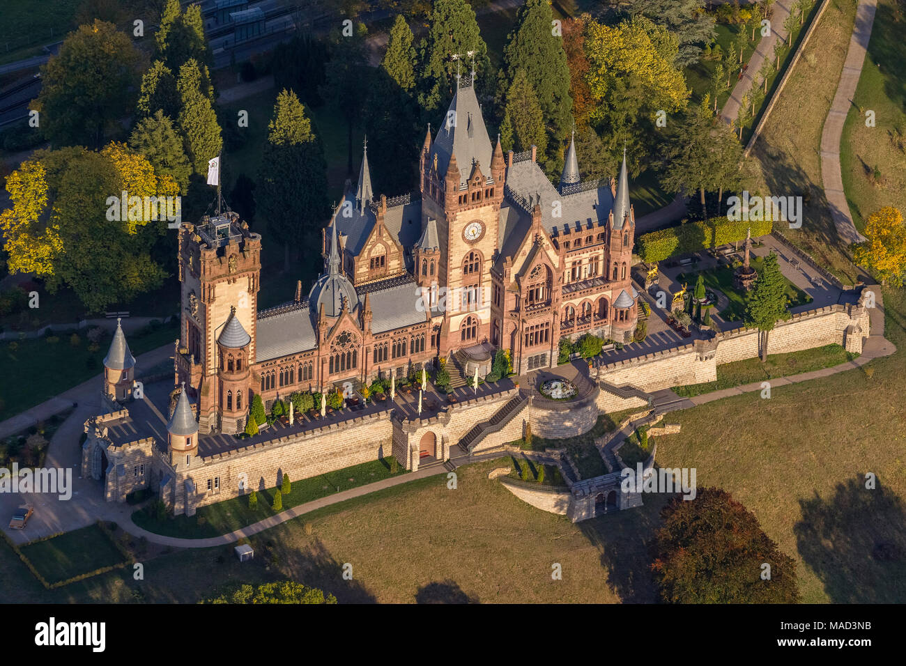 Aerial view, autumn, on the Rhine, dragon rock, castle Drachenburg ...