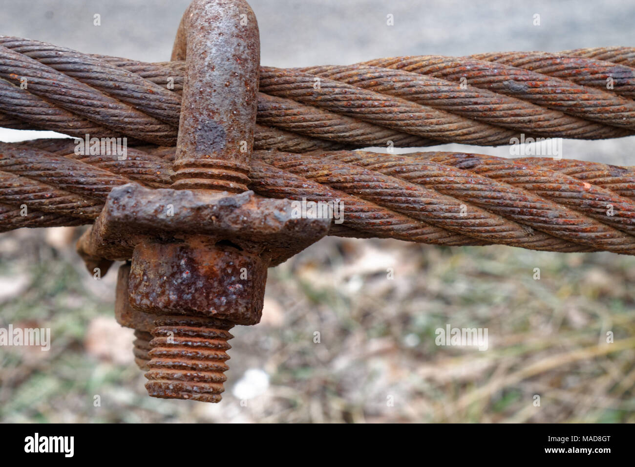 Rusty Steel Ropes with Shiny U-Bolt Clamp on Blue Sky Background ...