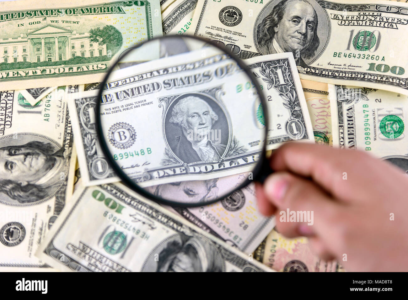 Dollar with magnifier. Magnifying glass and money. Business concept ...