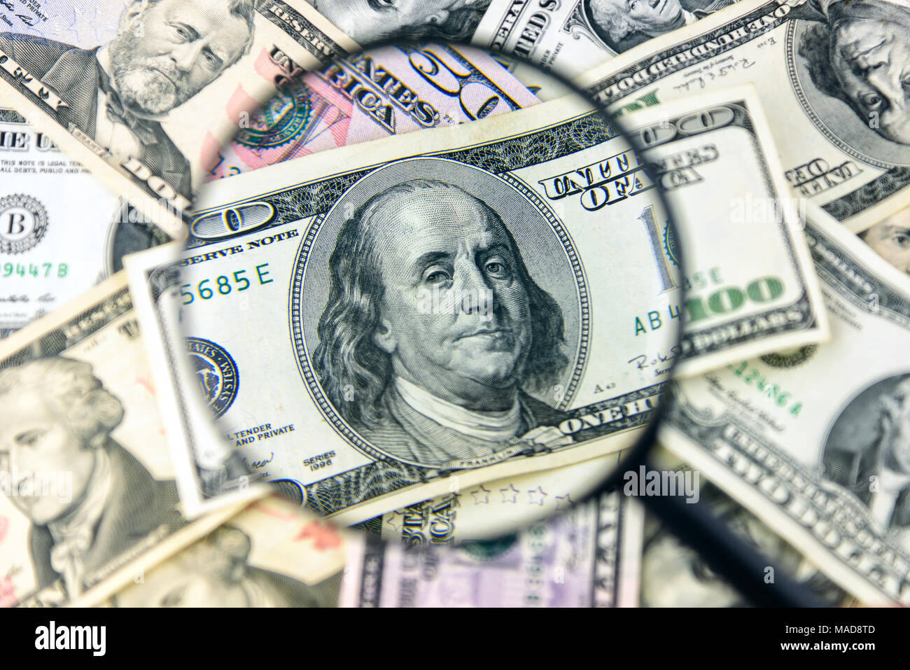 Dollar with magnifier. Magnifying glass and money. Business concept ...