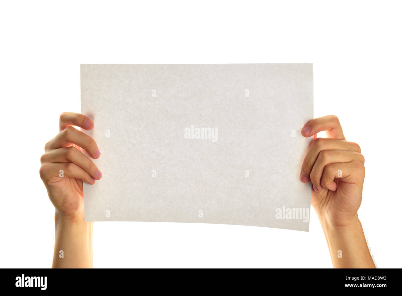Hand hold paper banner. Empty sign poster in men hands for you text ...