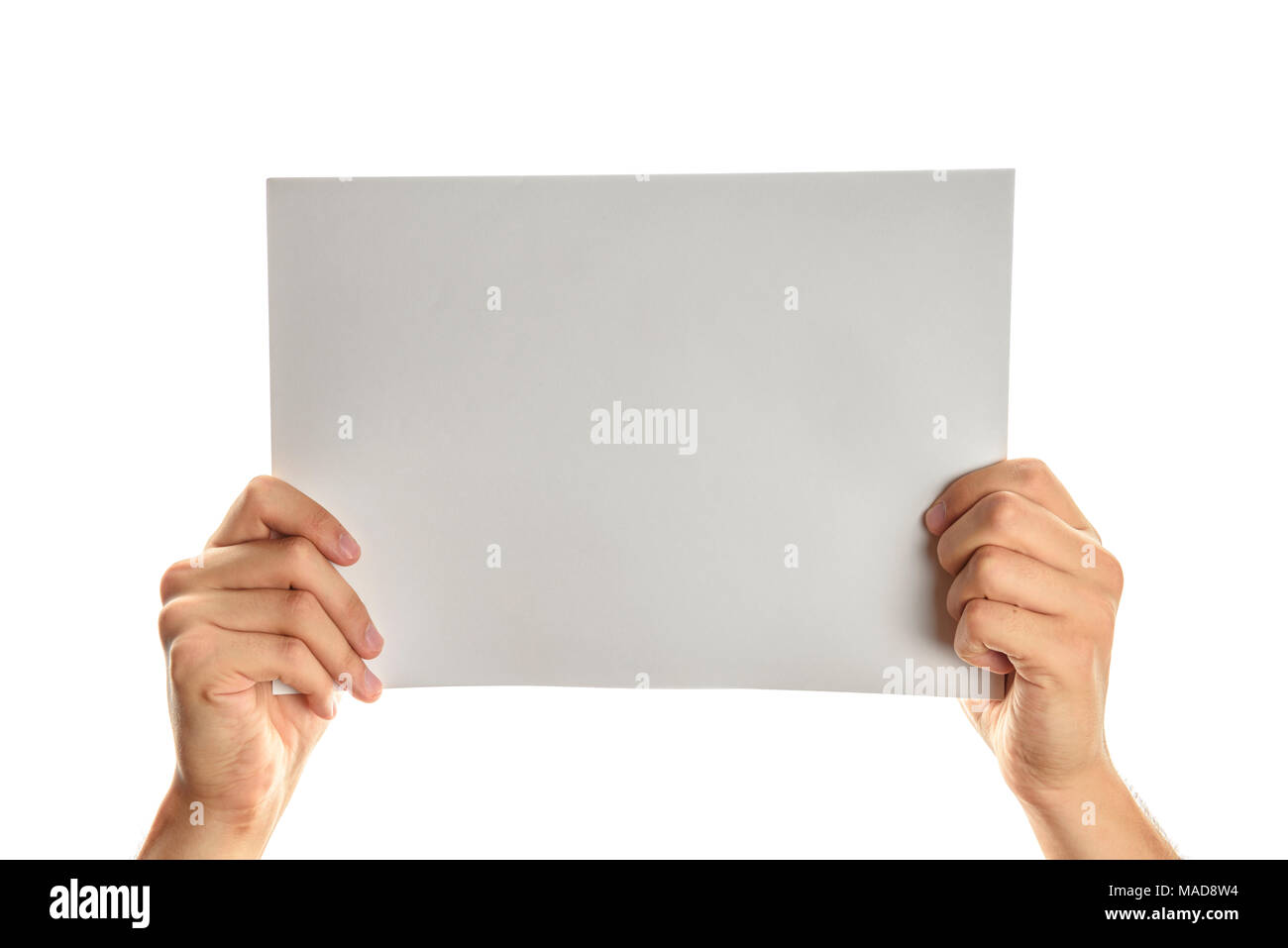 Hand hold paper banner. Empty sign poster in men hands for you text ...