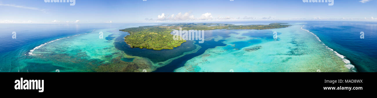 An aerial view above the outer reef and Goofnuw Channel looking south ...