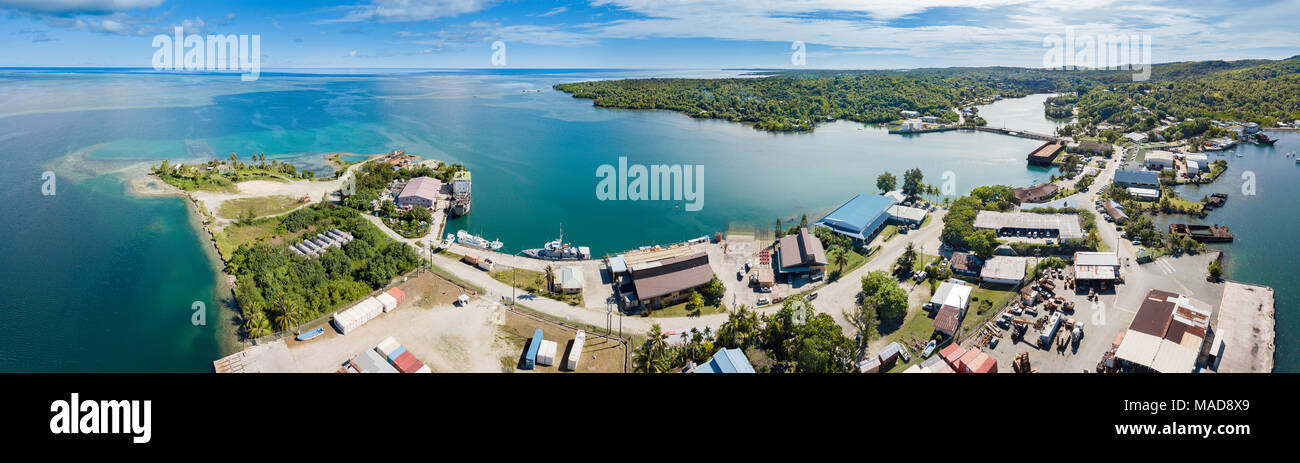 An aerial view of the town of Colonia and Tomil Harbour on the island ...