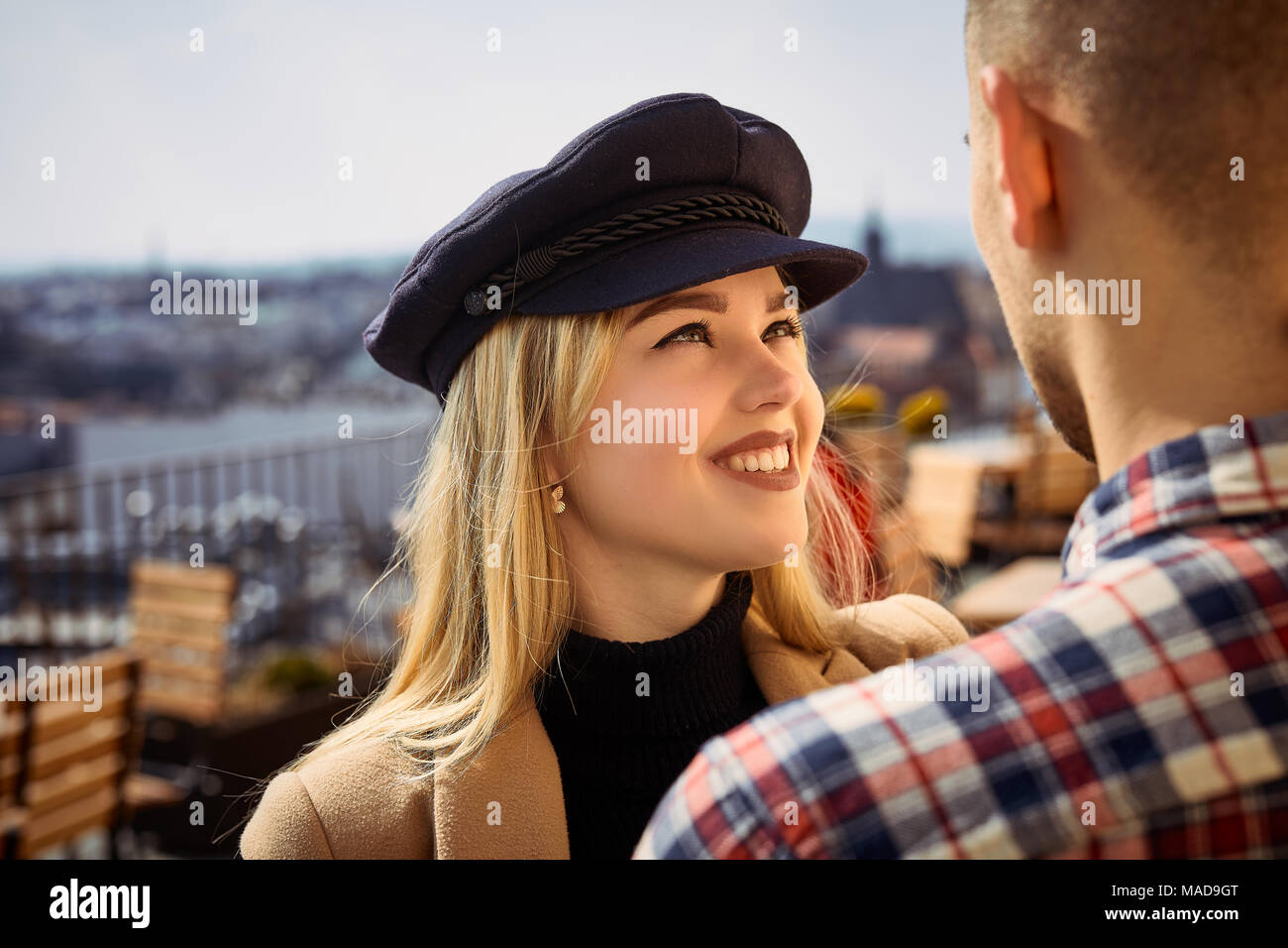 Portrait of pretty girl look at her boy friends eyes with sunset Stock ...