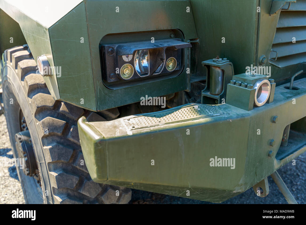 Detailed front view of a modern military truck with LED headlights ...