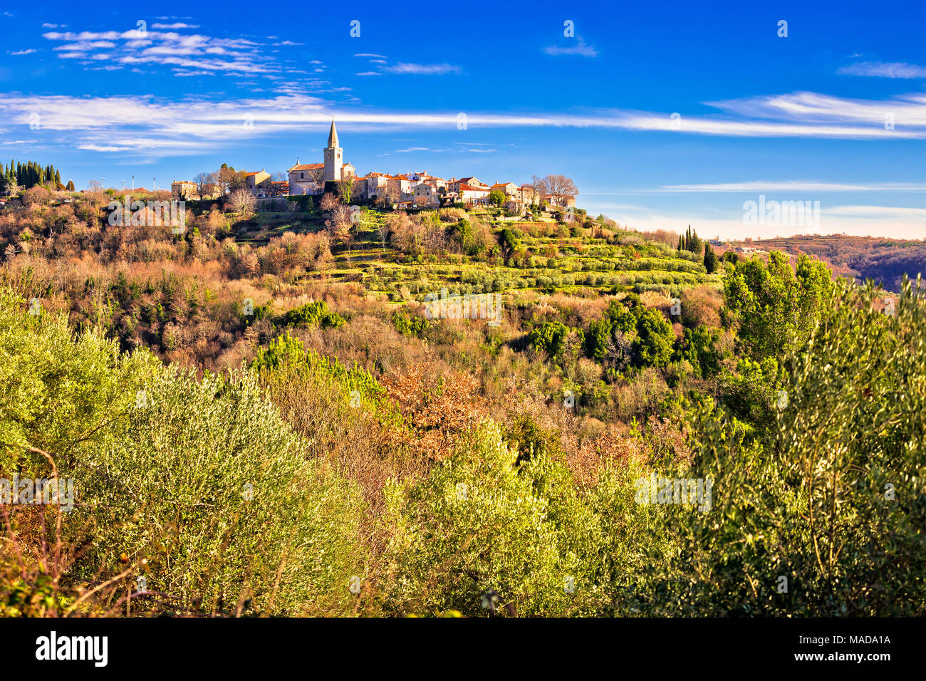 Idyllic hill village of Groznjan view, landscape and architecture of ...