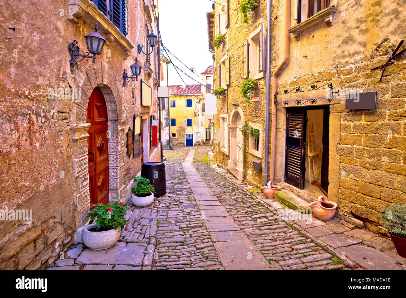 Groznjan cobbled street and old architecture view, Istria region of ...