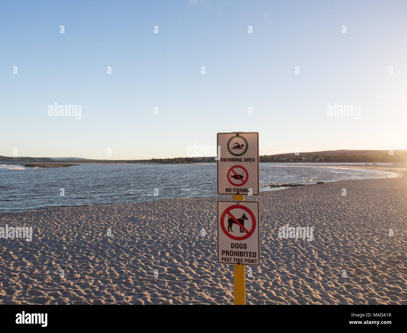 Warning signs on Murchison River beach, Kalbarri, Western Australia ...