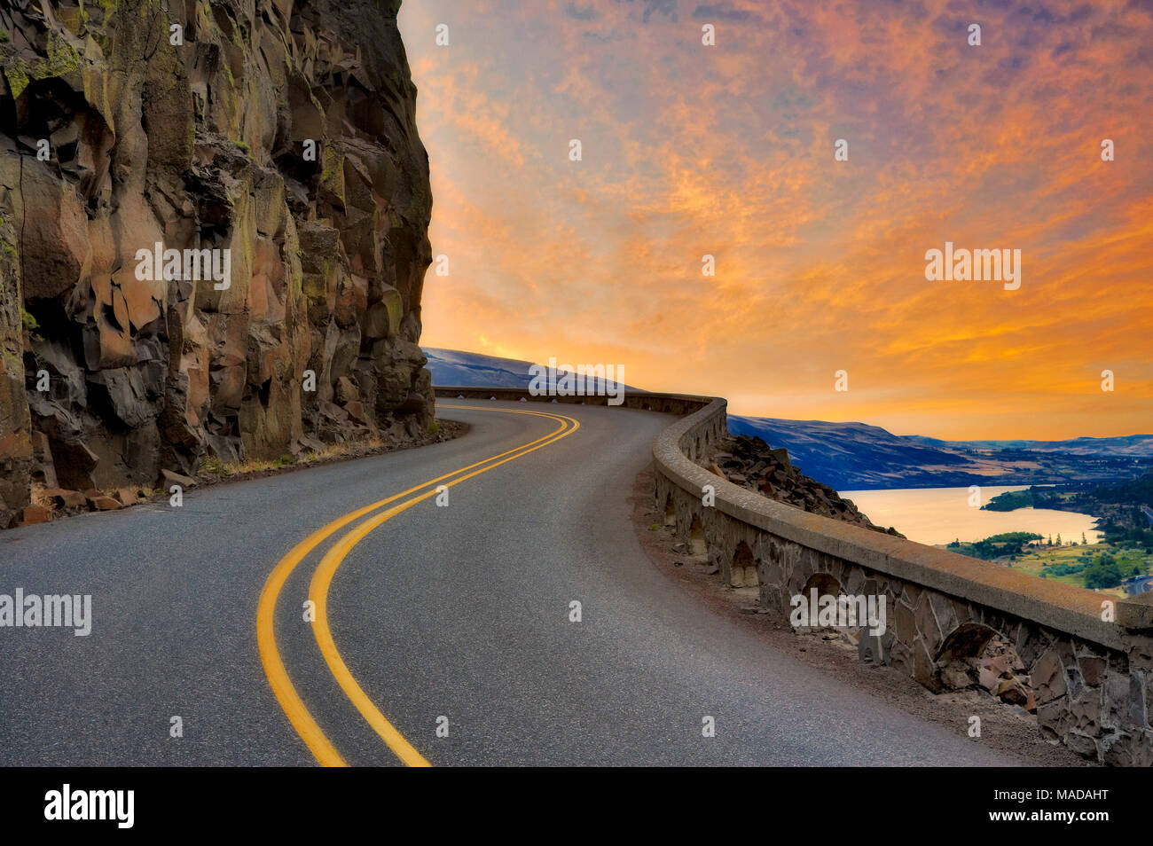 Sunrise with historic highway. Columbia River Gorge National Scenic ...