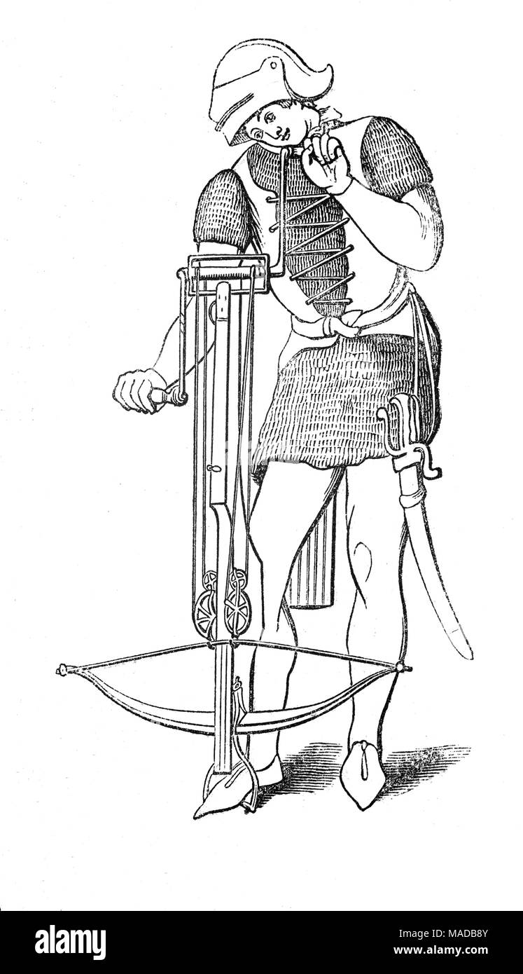 A Genoese crossbowman winding up, or bending his crossbow. They were a ...
