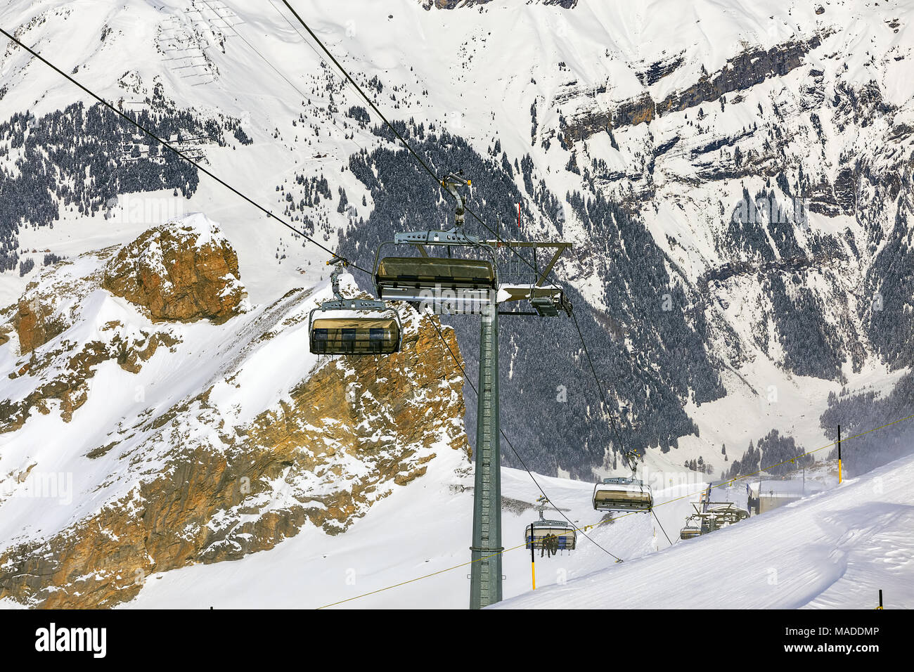 An overhead cable car on Mt. Titlis in Switzerland. The Titlis is a ...