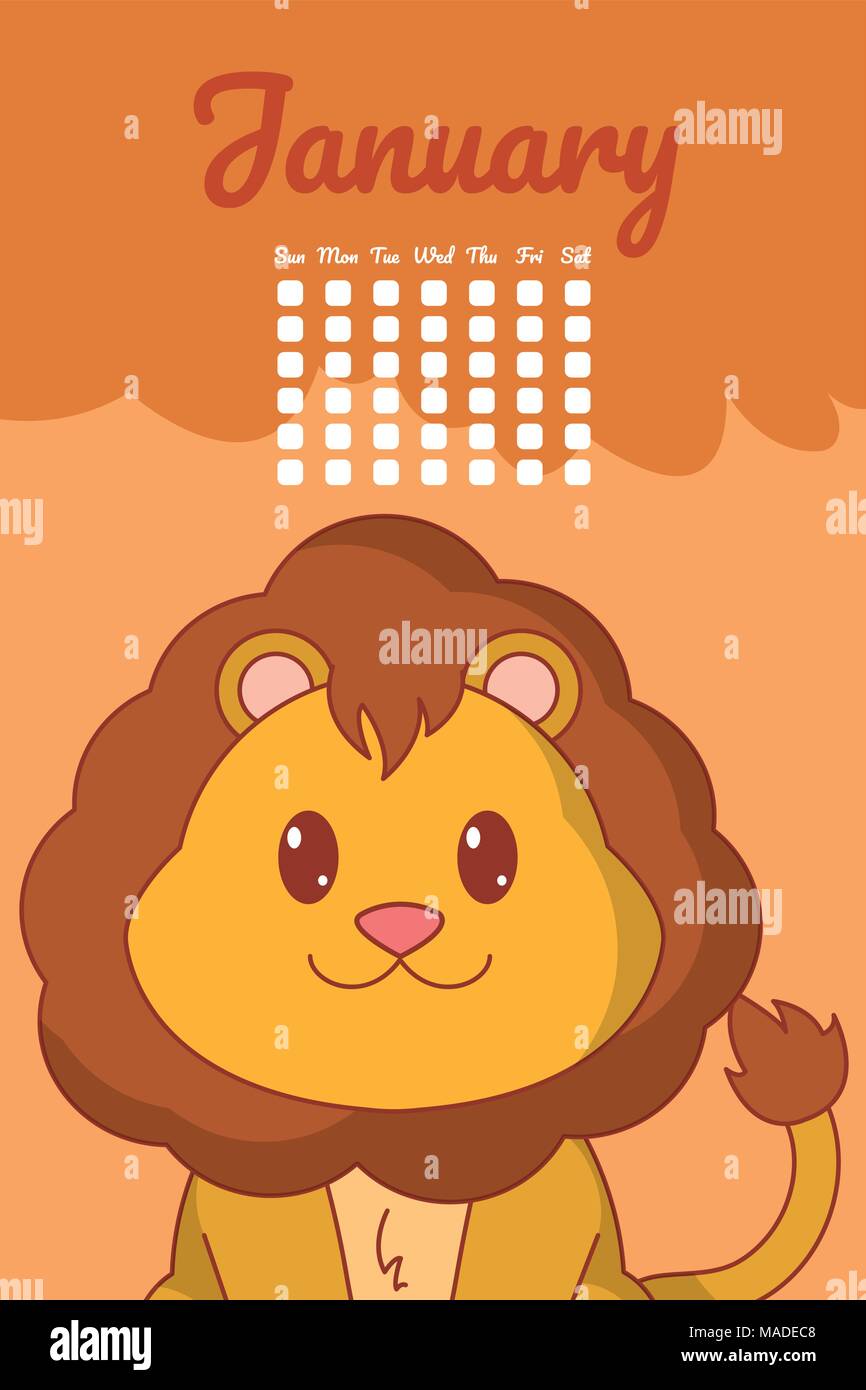 lion cute calendar cartoon with month and days vector illustration ...
