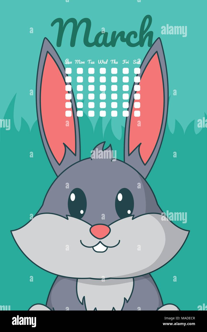 Rabbit cute calendar cartoon with month and days vector illustration ...