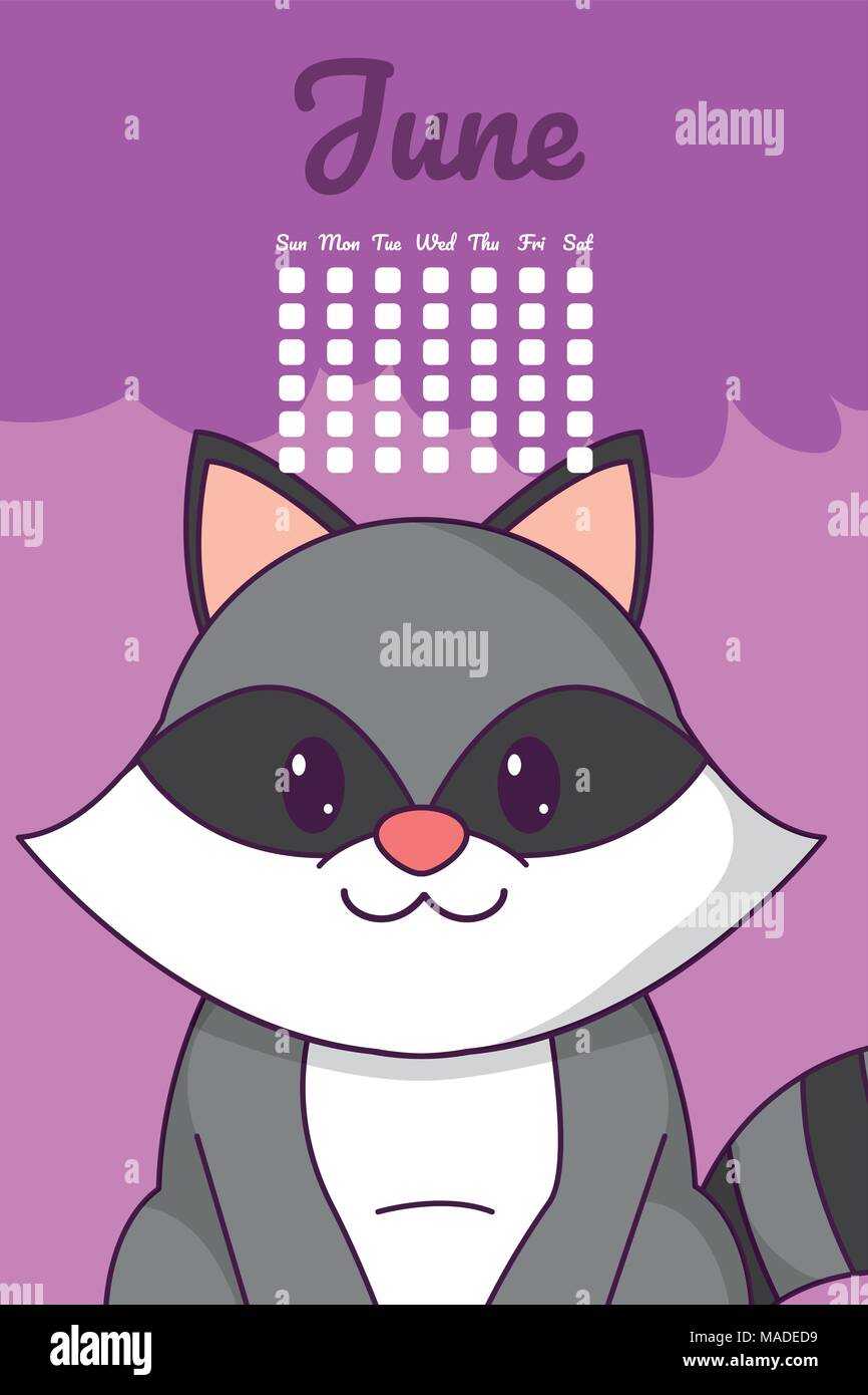 Raccoon cute calendar cartoon with month and days vector illustration ...