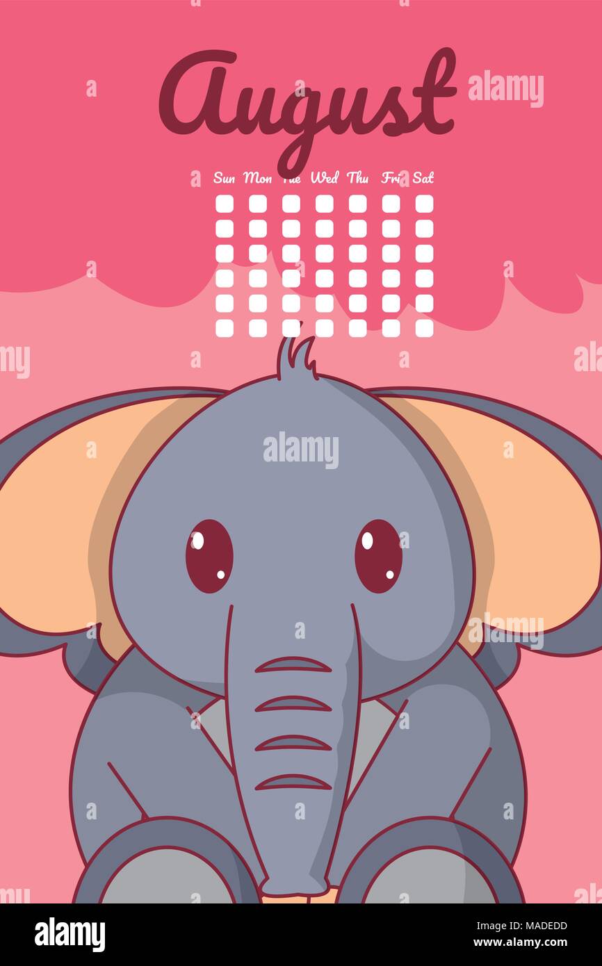 Elephant cute calendar cartoon with month and days vector illustration ...