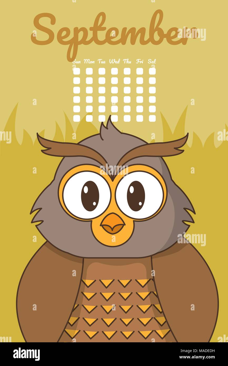 Owl cute calendar cartoon with month and days vector illustration ...