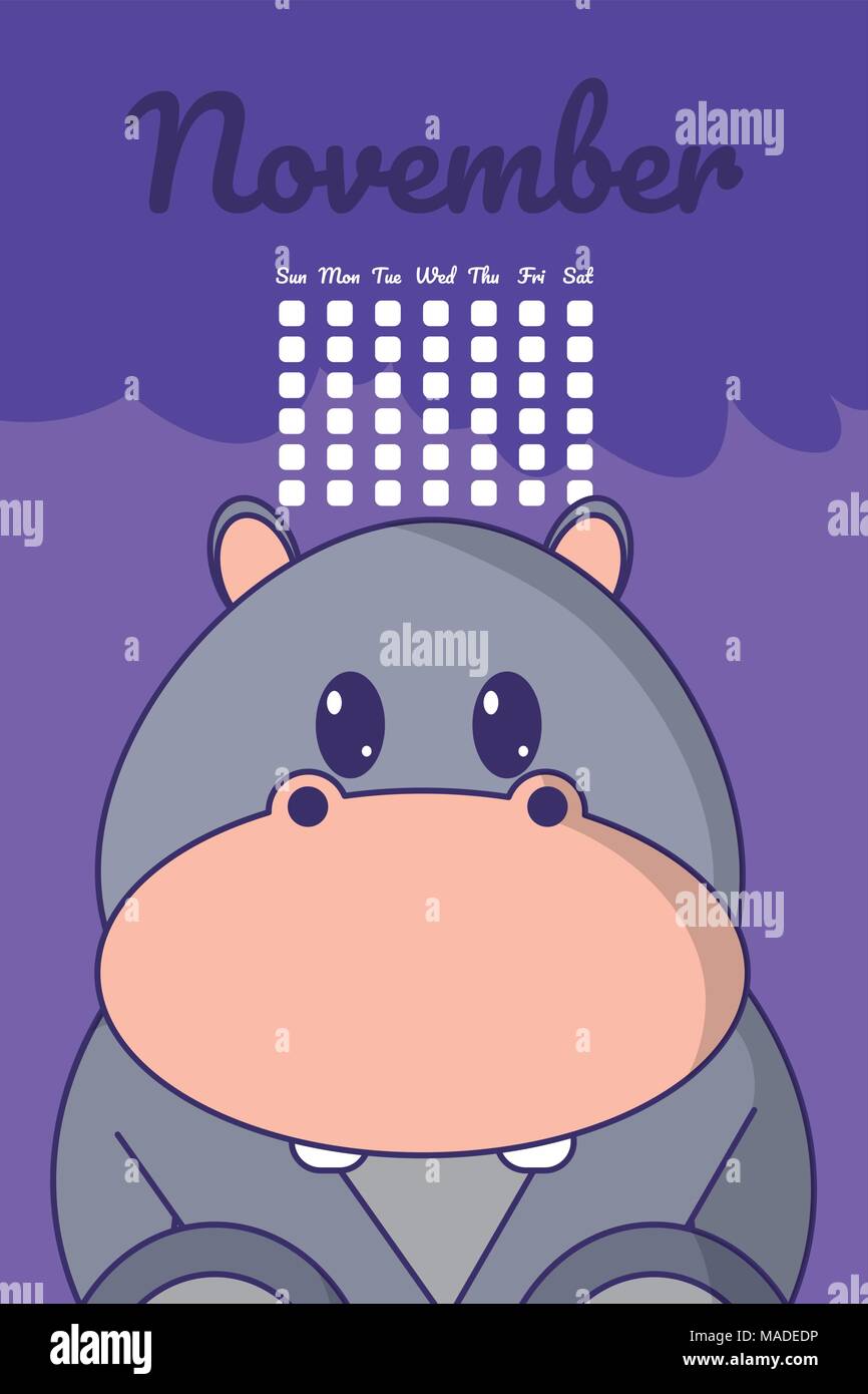 Hippo cute calendar cartoon with month and days vector illustration ...