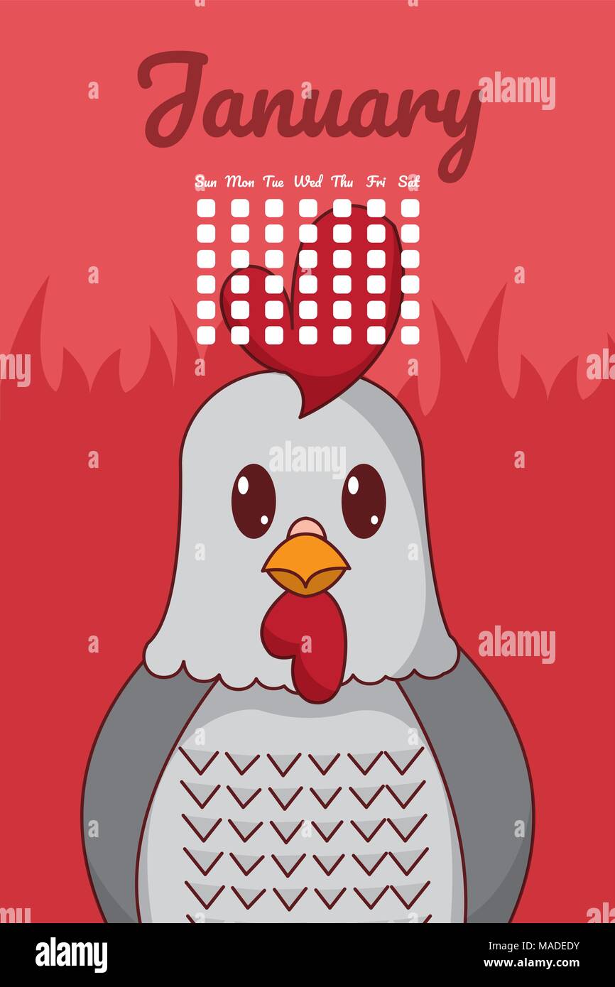 Rooster cute calendar cartoon with month and days vector illustration ...