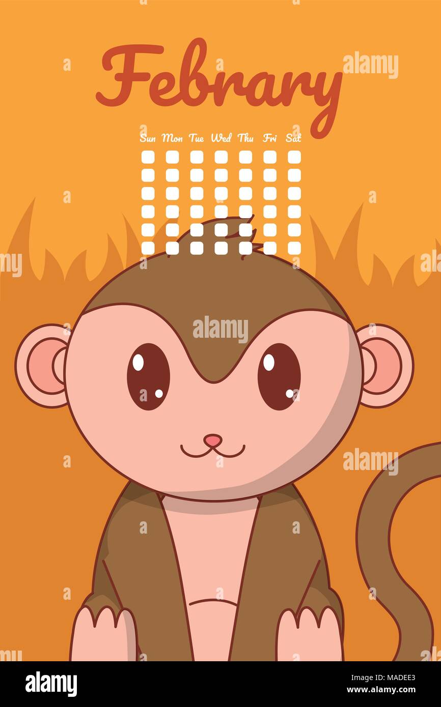 monkey cute calendar cartoon with month and days vector illustration ...