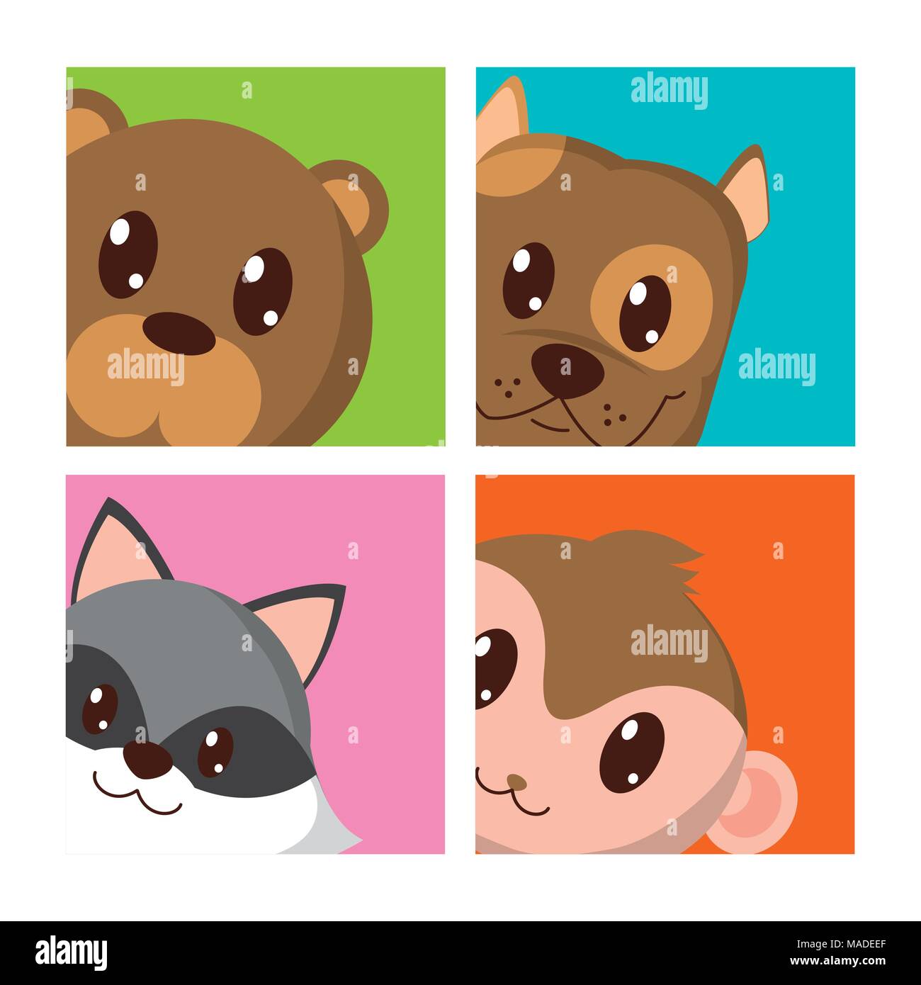 Set of cute animals cartoon on square frames vector illustration ...