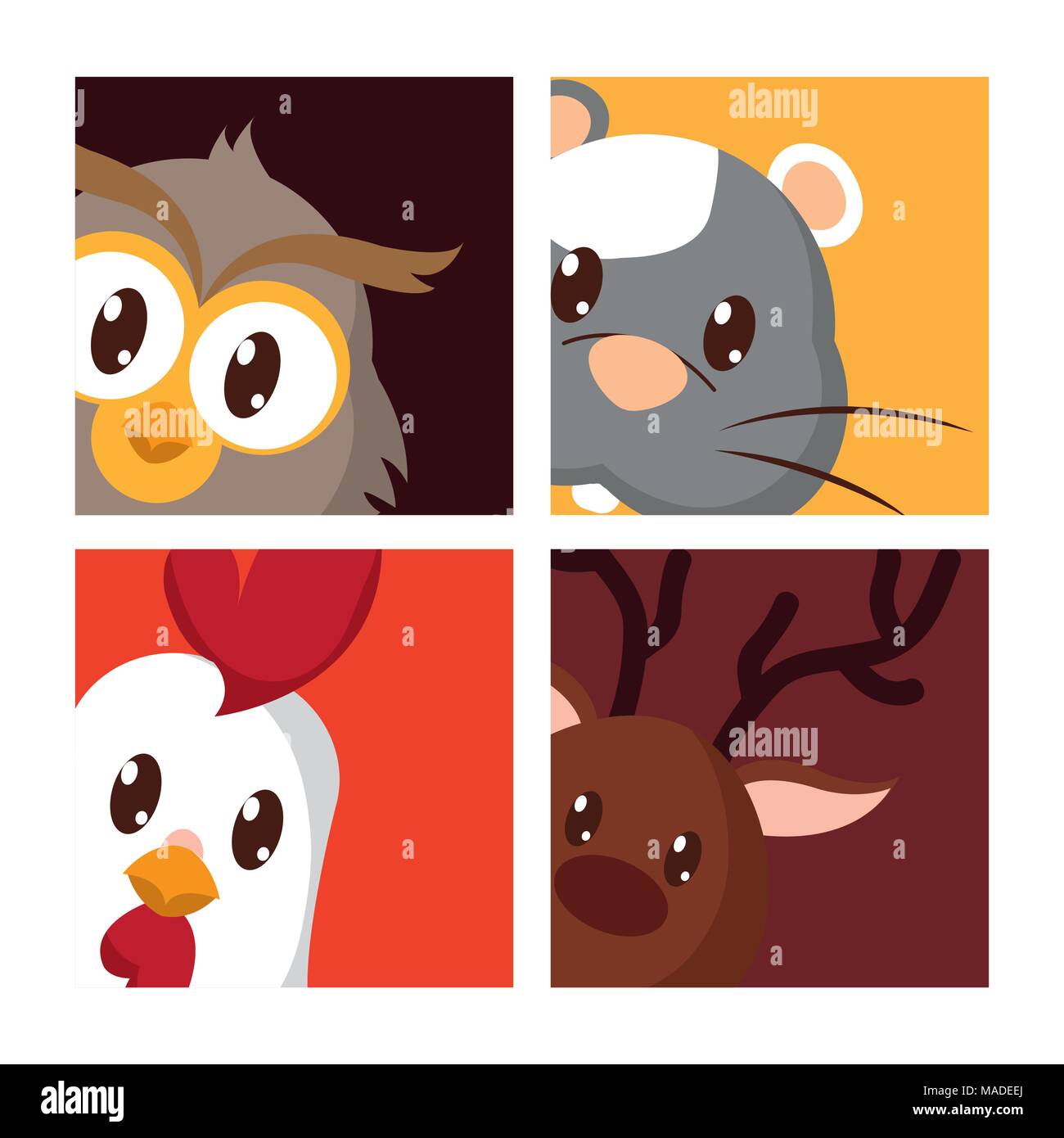 Set of cute animals cartoon on square frames vector illustration ...