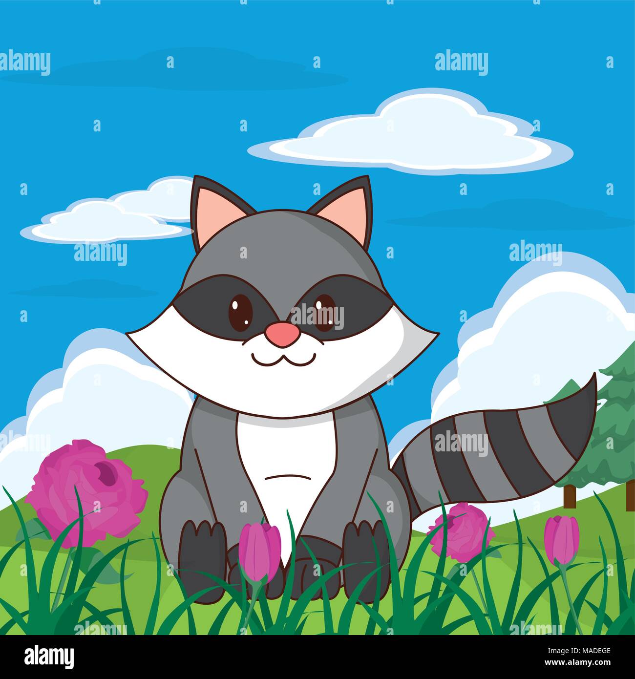 Raccoon cute animal in landscape cartoons vector illustration graphic ...