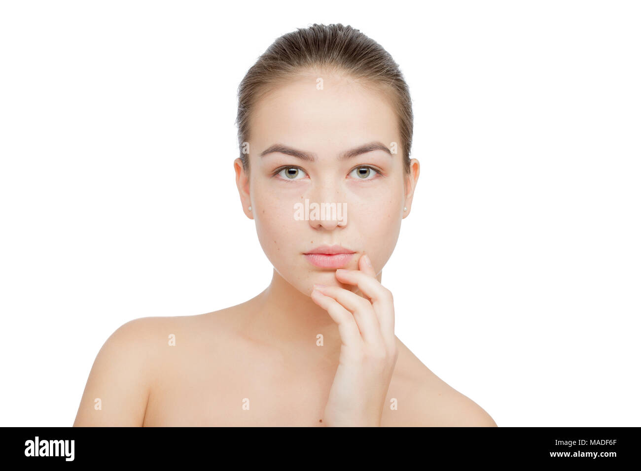 sad beautiful girl on white background with copy space looking at ...