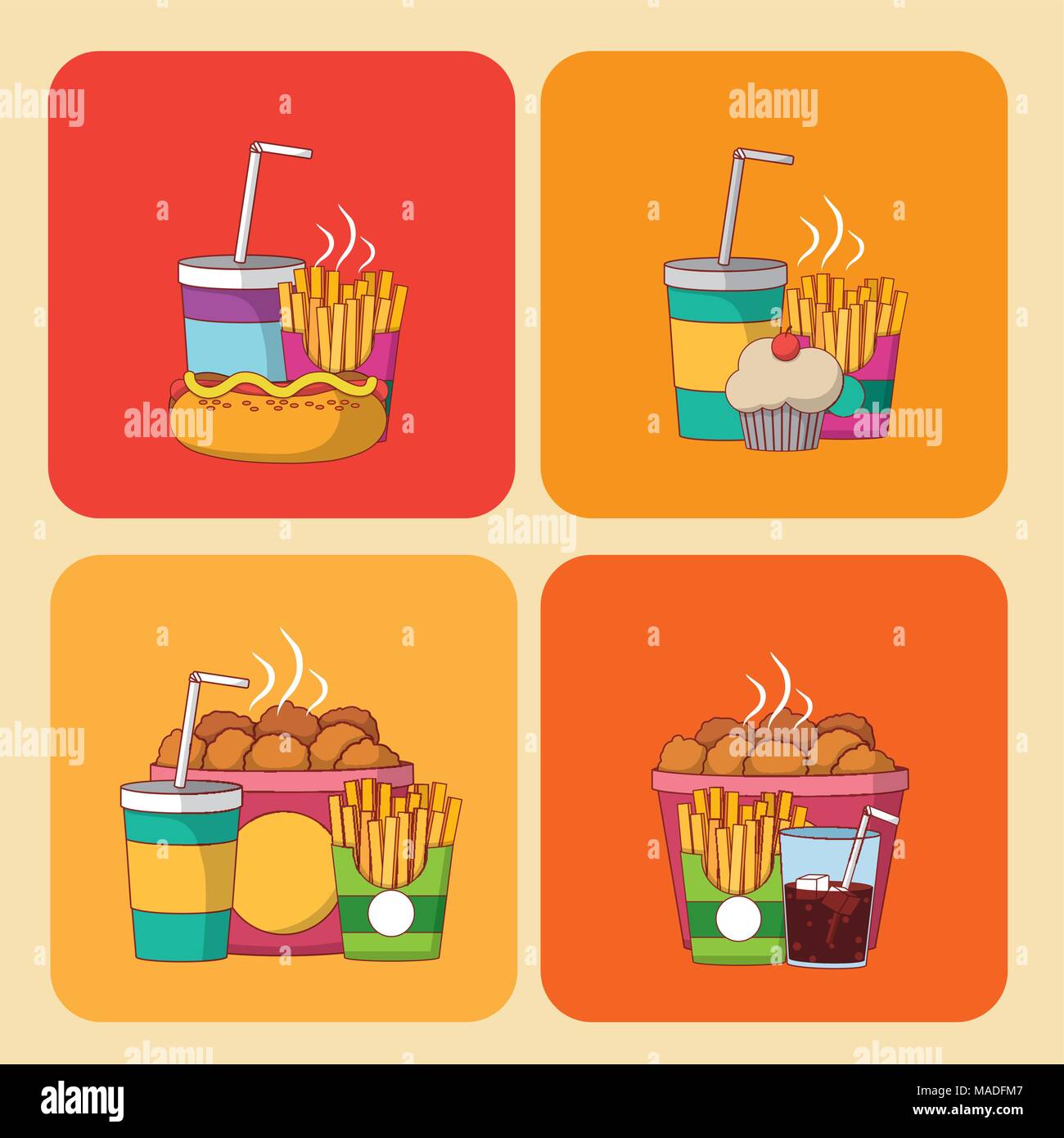 Set of fast food icons on squares vector illustration graphic design ...