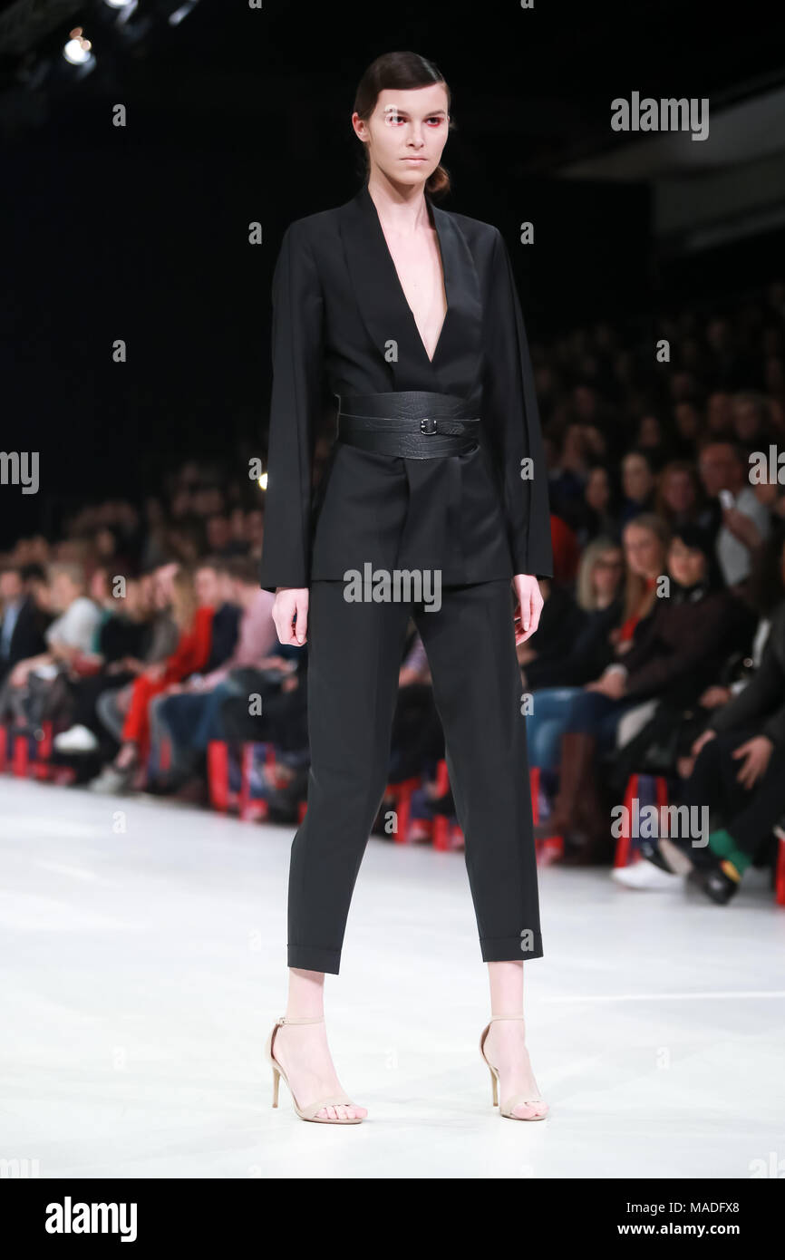ZAGREB, CROATIA- MARCH 24, 2018: Fashion model wearing clothes for ...