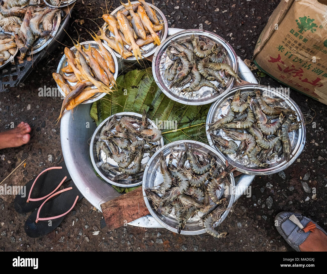 Yangon, Myanmar - Oct 15, 2015. Fresh fishes on the market in Yangon ...