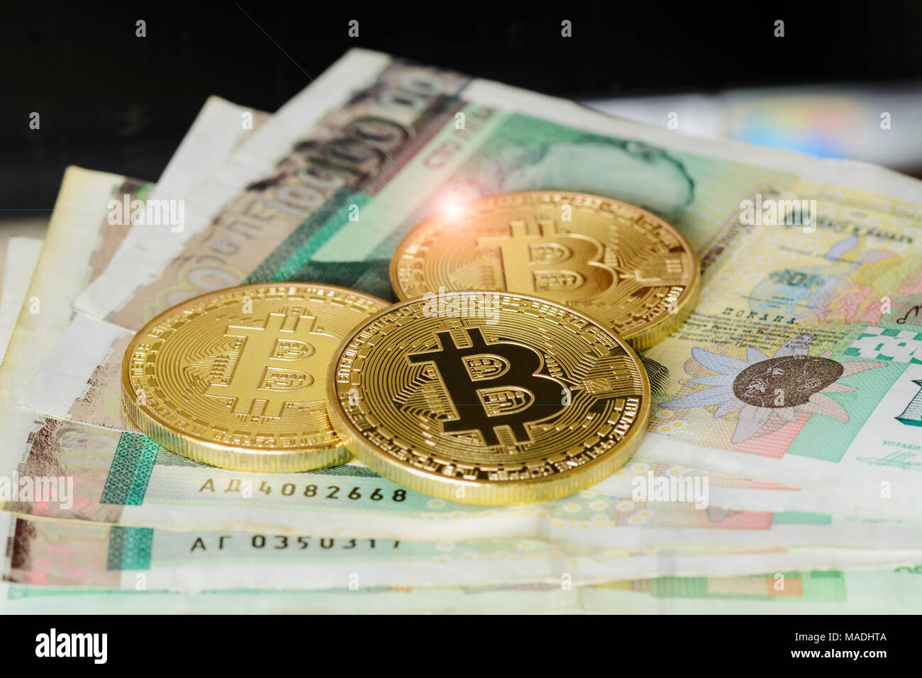 bitcoin with Bulgarian banknote of hundred leva Stock Photo - Alamy
