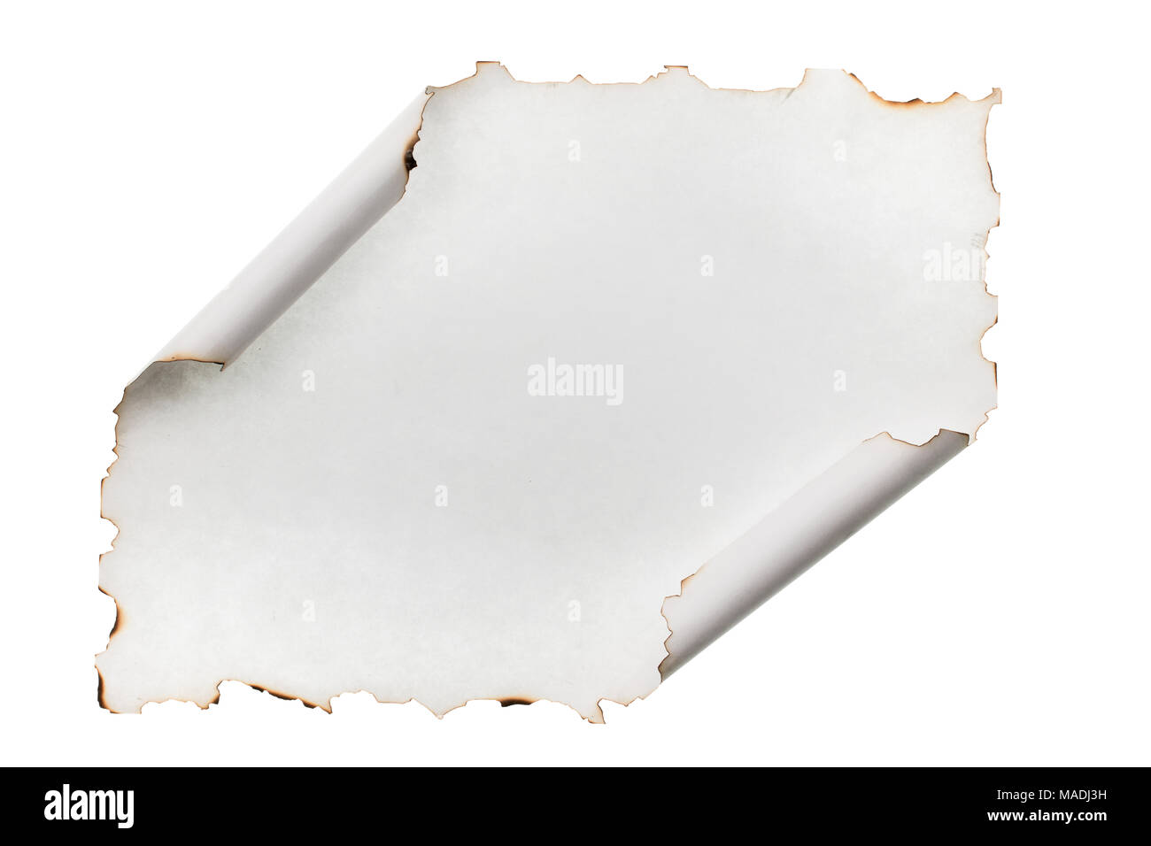 Rolled-up piece of paper with the scorched edges. Isolated on white ...