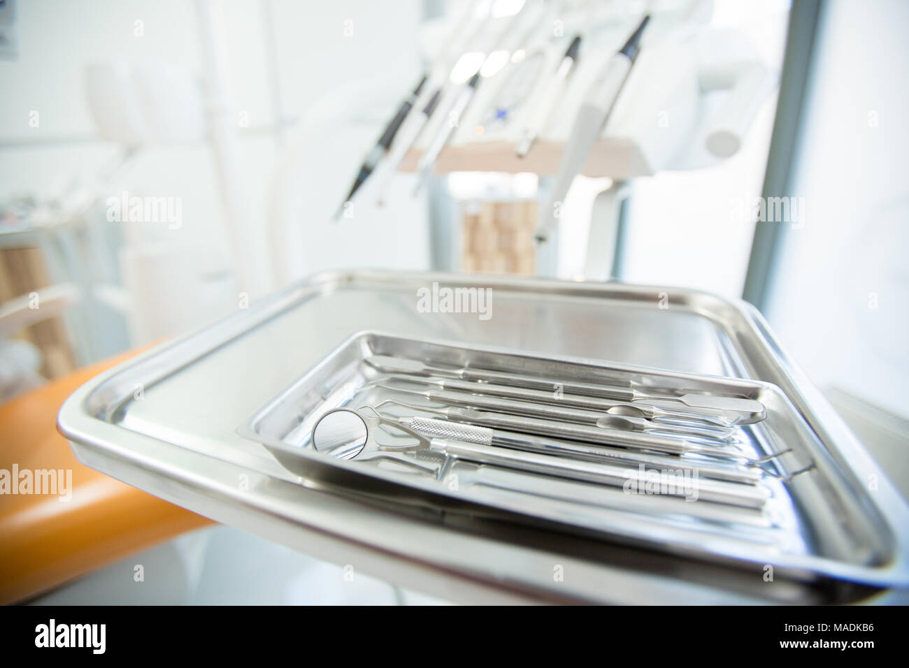 Sterile medical instruments for dental check-up on special metallic ...