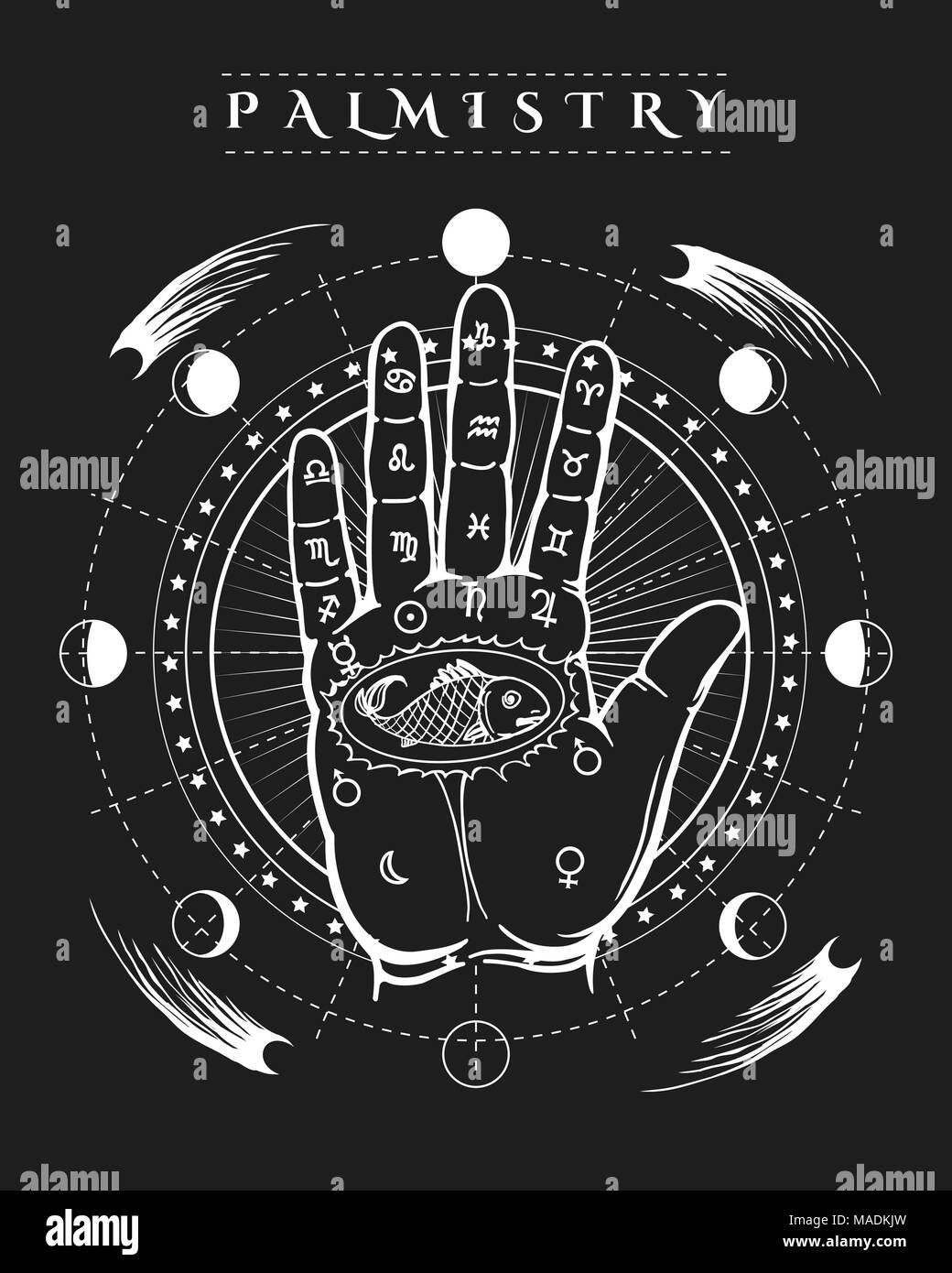 Esoteric prophecy poster. Occult human hand fish tattoo and palmistry ...