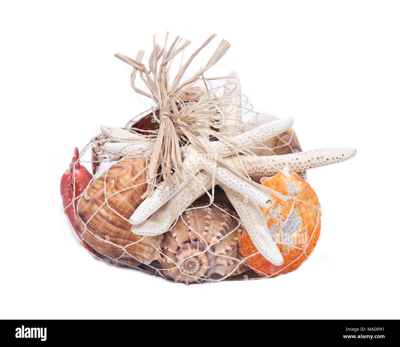 Decorative bag of various seashells from Red Sea isolated on white ...