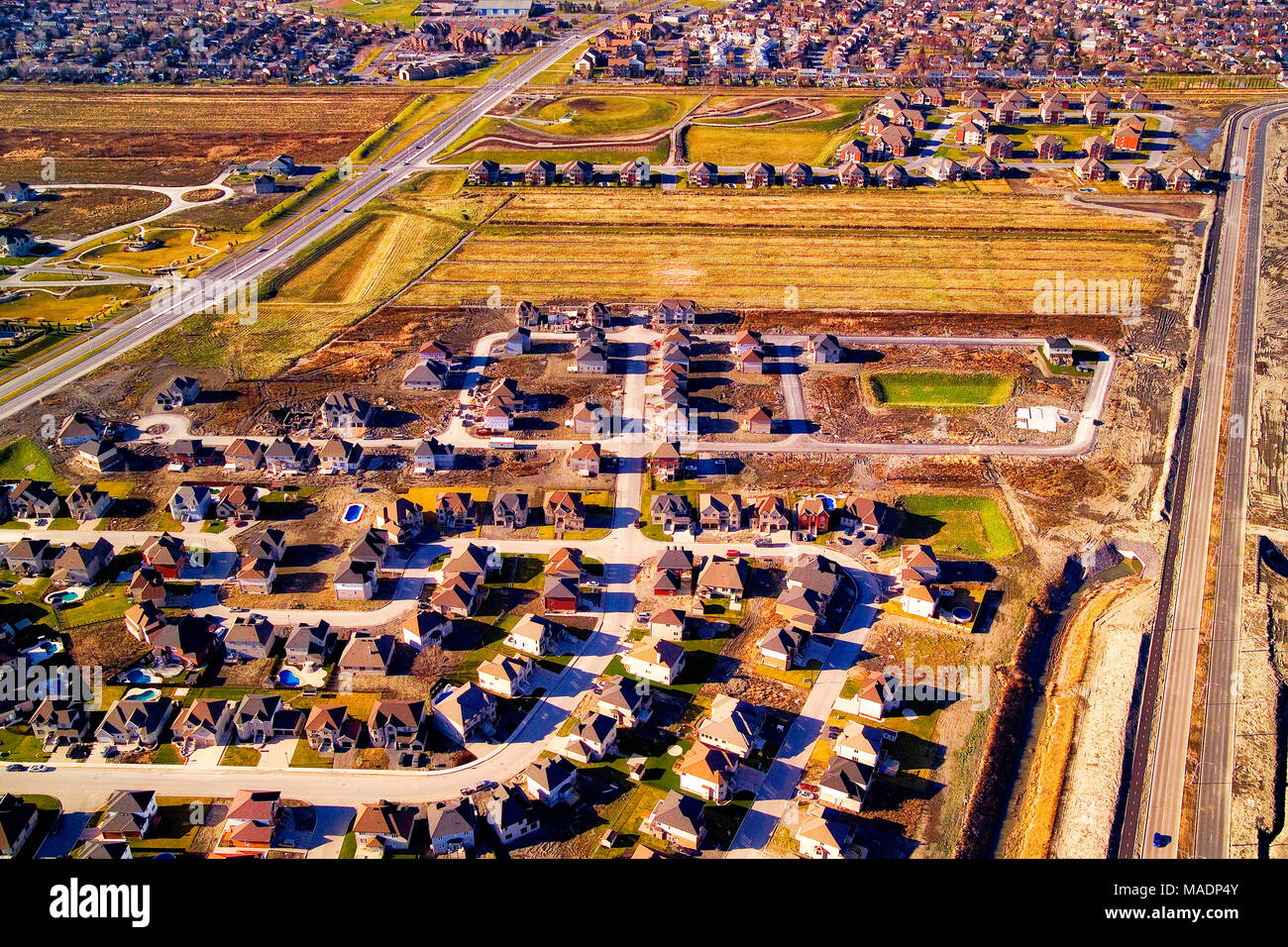 Aerial view of typical residential neighbourhood in construction along ...