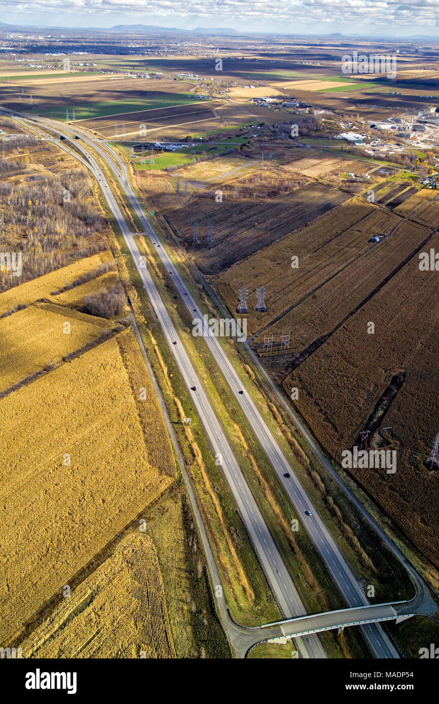 Aerial view of a highways, overpasses, ramps in the Montreal suburban ...